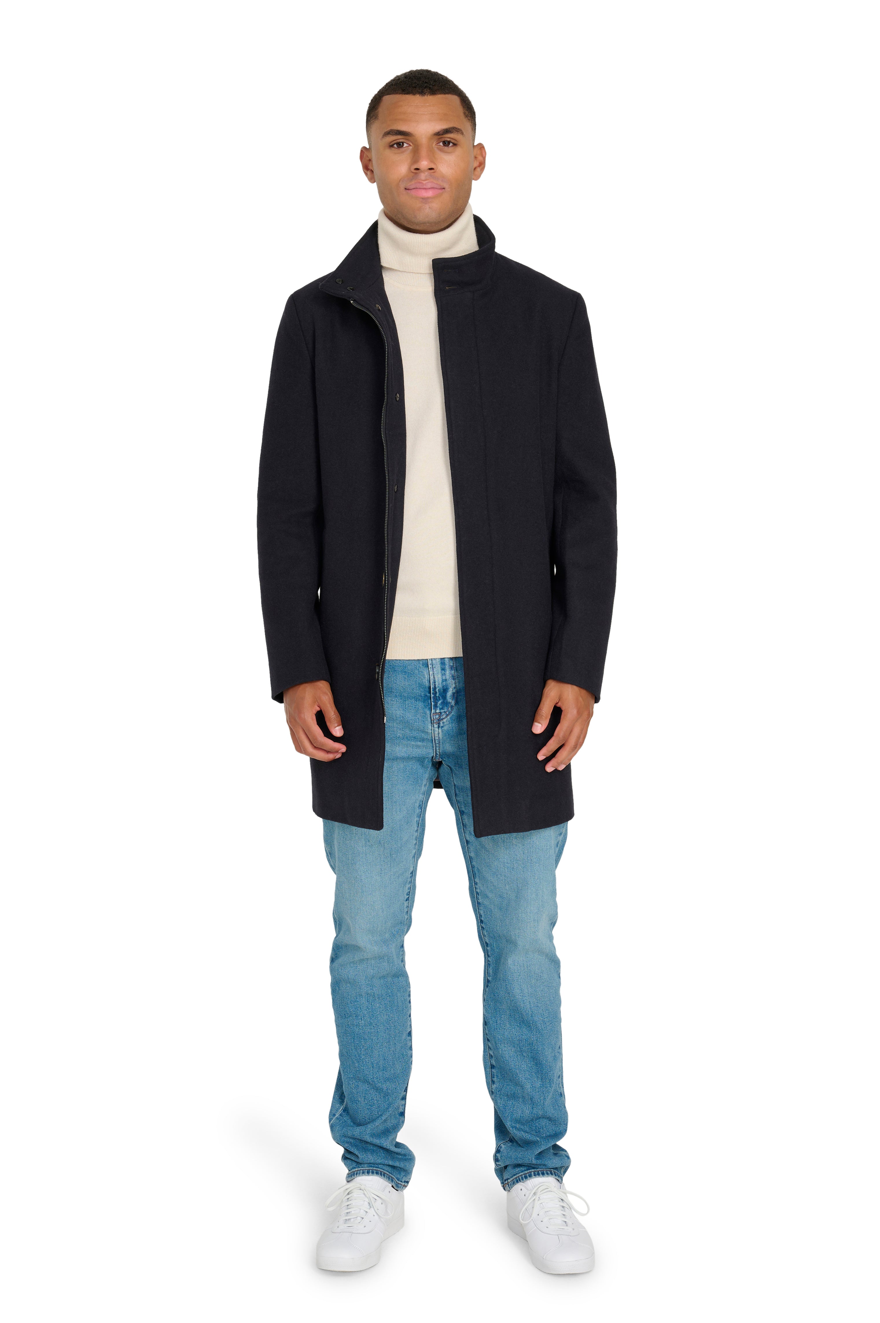 Wool Melton Coat with Funnel Neck in Navy | Harry Brown London – Smart ...